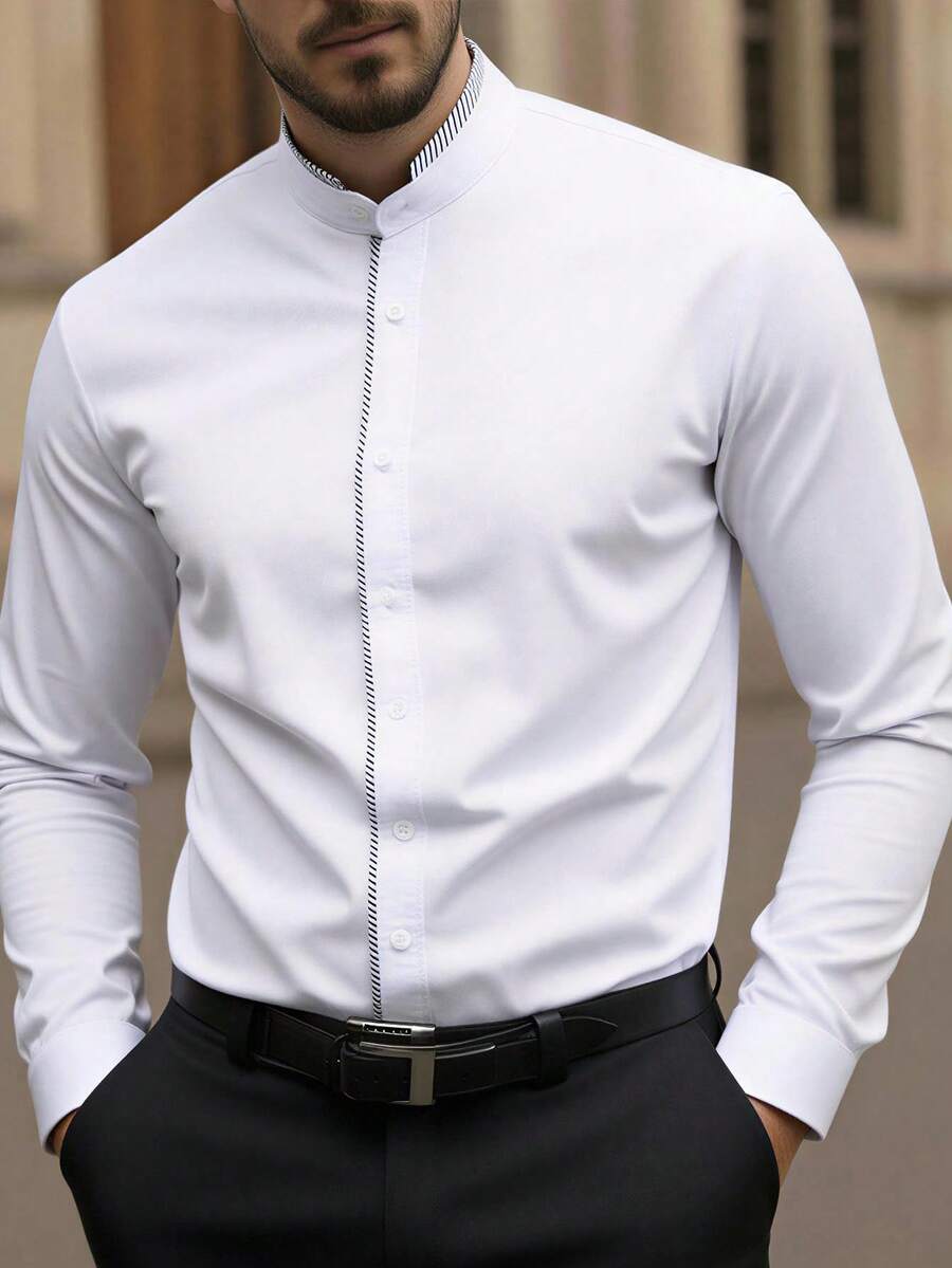 Manfinity Mode Camisa Social de Manga Longa com Botões e Gola, Recorte ...