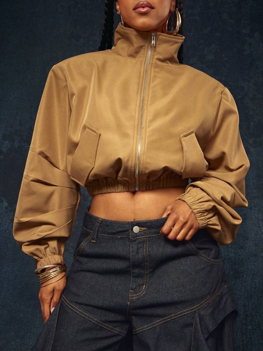 Denimoi High Neck Zip Front Flap Pocket Light Weight Jacket Spring ...