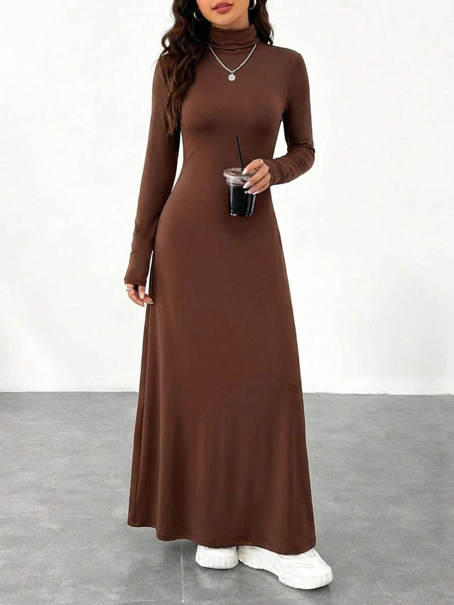 Vestido de cuello alto de manga larga de unicolor y costilla simple ...