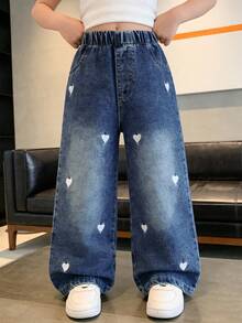 SHEIN Genkimix Kids Young Girls Y2K Style Jeans,White Heart Embroidered ...