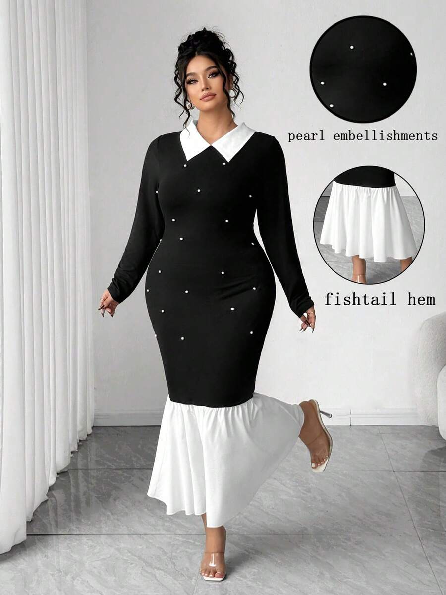SHEIN Elenzya Plus Size Long Sleeve Dress With Collar And Bubble Bead ...