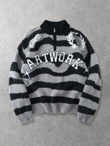 ROMWE MEN Jersey de media cremallera con estampado de letras y rayas ...