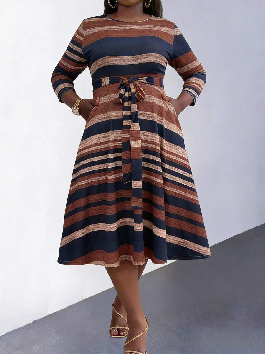 SHEIN Clasi Plus Size Women's Round Neck Tie Waist Dress Maxi Women ...
