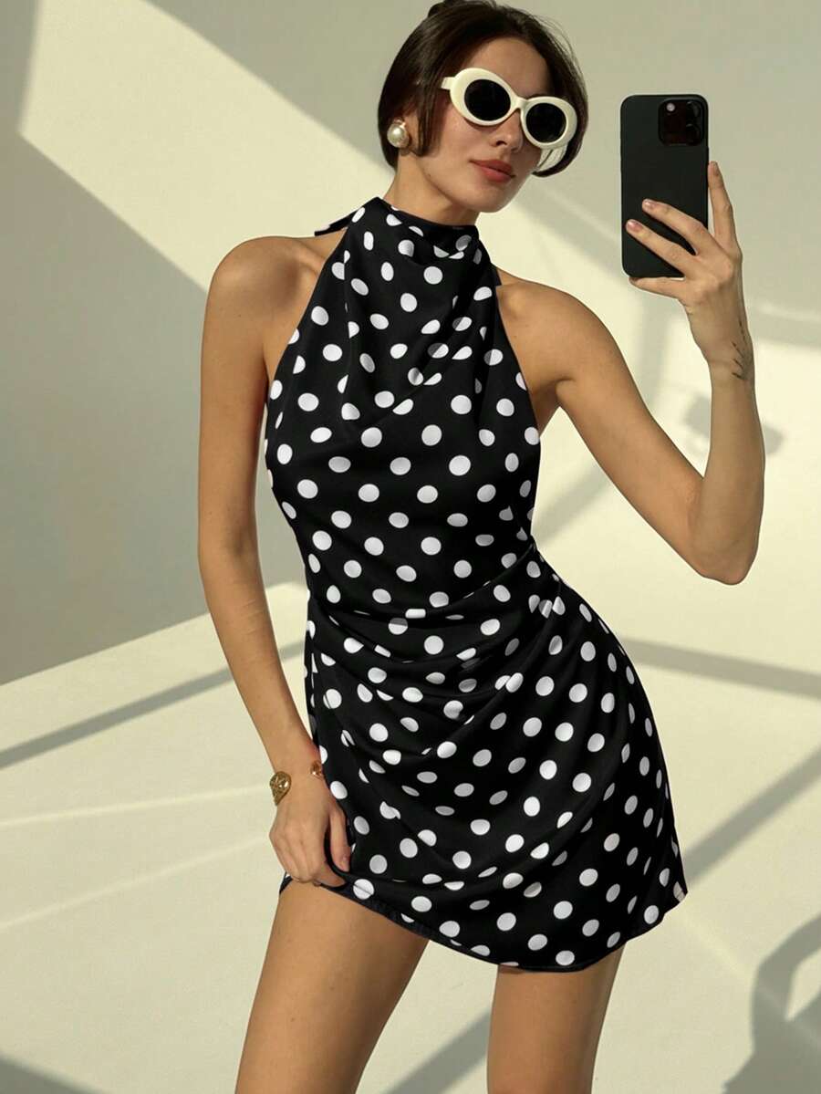 Aloruh Women's Sleeveless Halter Neck A Line Mini Dress In Elegant ...