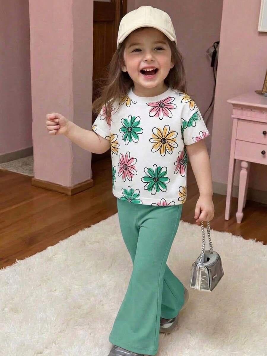 SHEIN Baby Girl Casual Cartoon Pattern Short Sleeve Round Neck Pants ...