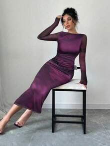 Firerie Women's Elegant Long Sleeve Tie-Dye Print Pleated Dress, Fitted ...