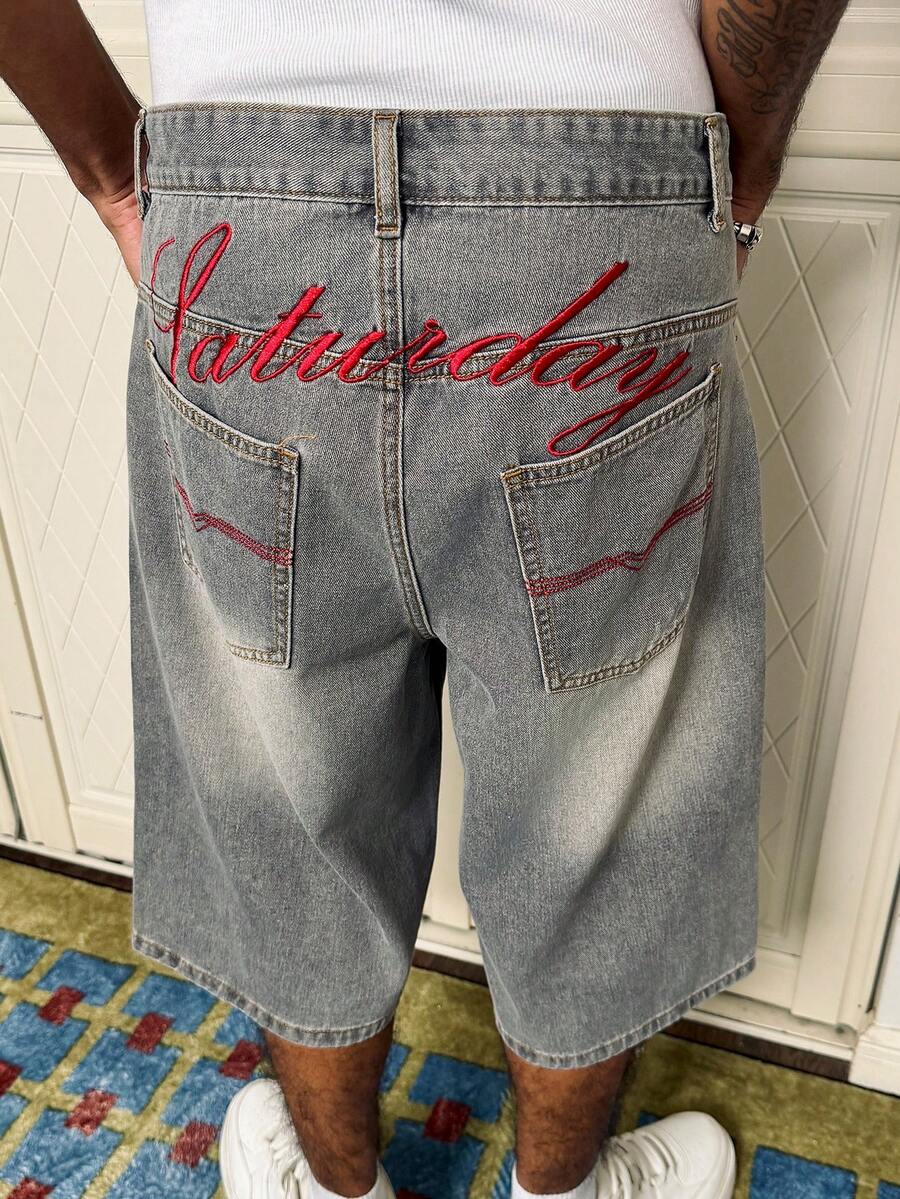 Manfinity EMRG Pantalones cortos de mezclilla rectos bordados para ...