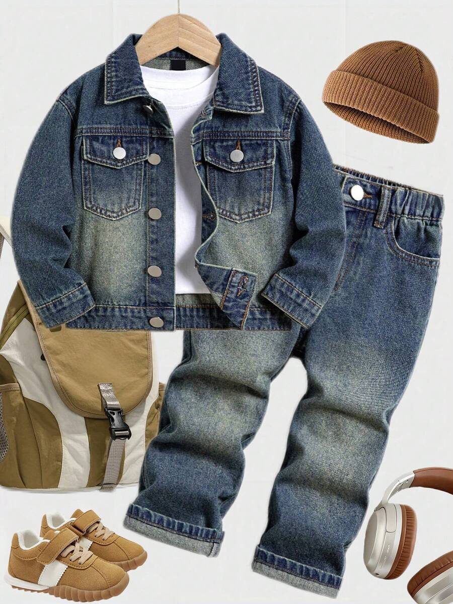 Conjunto de niño pequeño de mezclilla vintage lavada, conjunto de moda ...