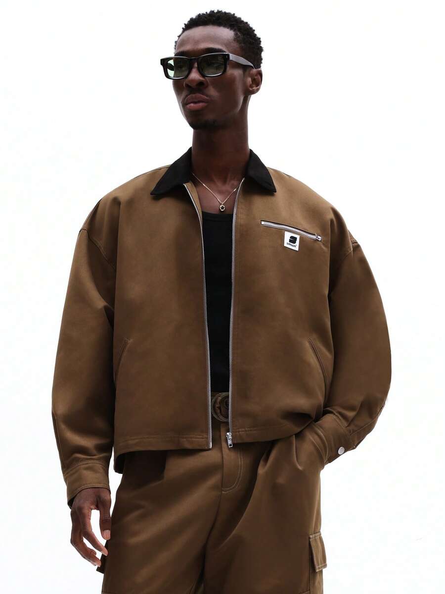 SUMWON Cropped Zip Up Jacket With Contrast Collar For Casual Streetwear ...