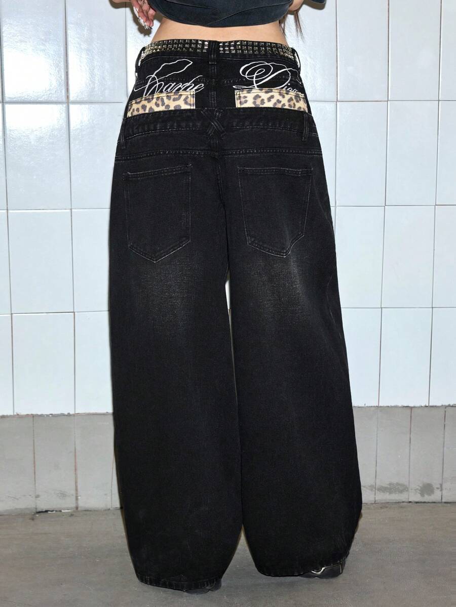 ROMWE Avant Damen Jeans mit Leoparden-Muster und bestickter Buchstaben ...