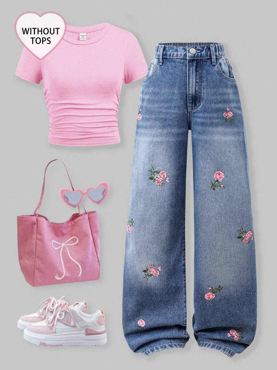 SHEIN Denim de Perna Larga com Estampa de Rosa Desgastada para ...