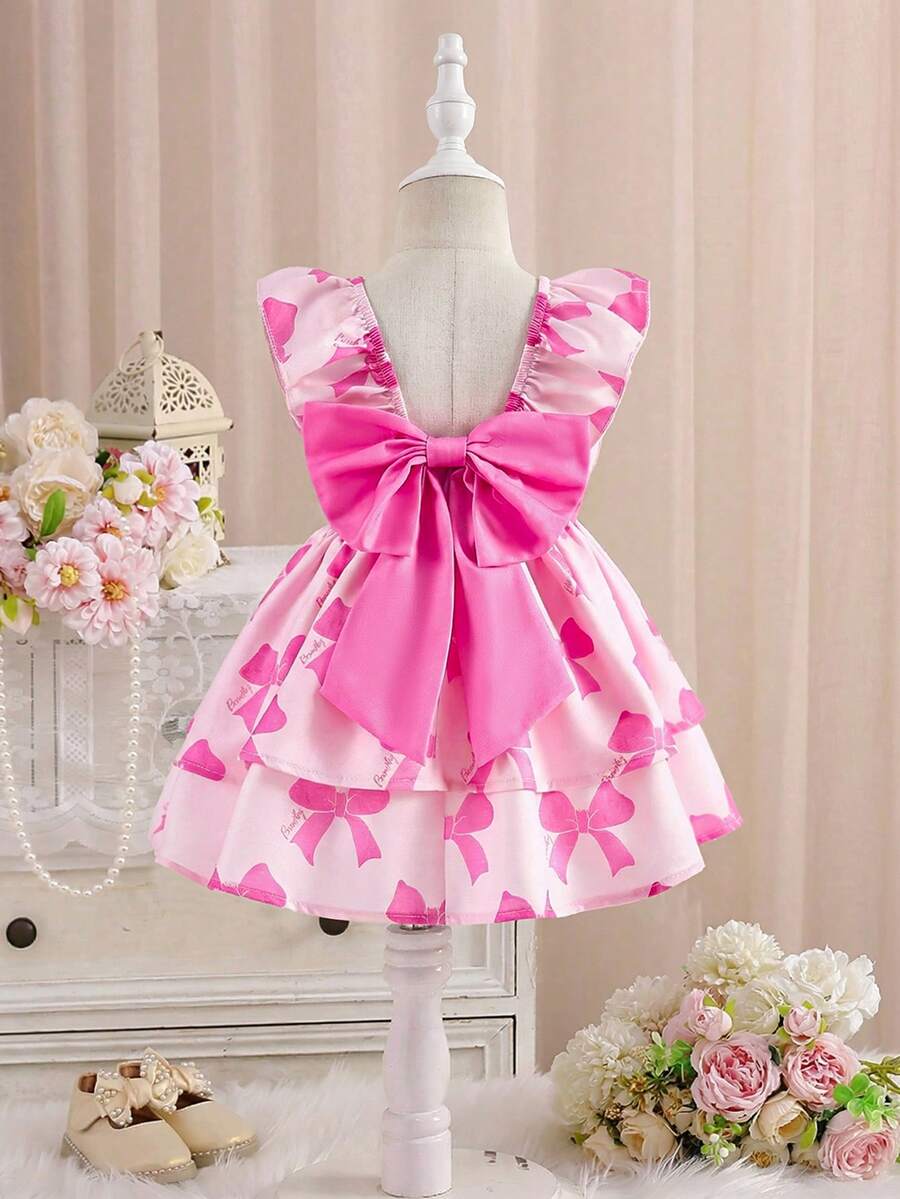 SHEIN Vestido Casual de Férias com Laço Rosa para Meninas, Manga Curta ...