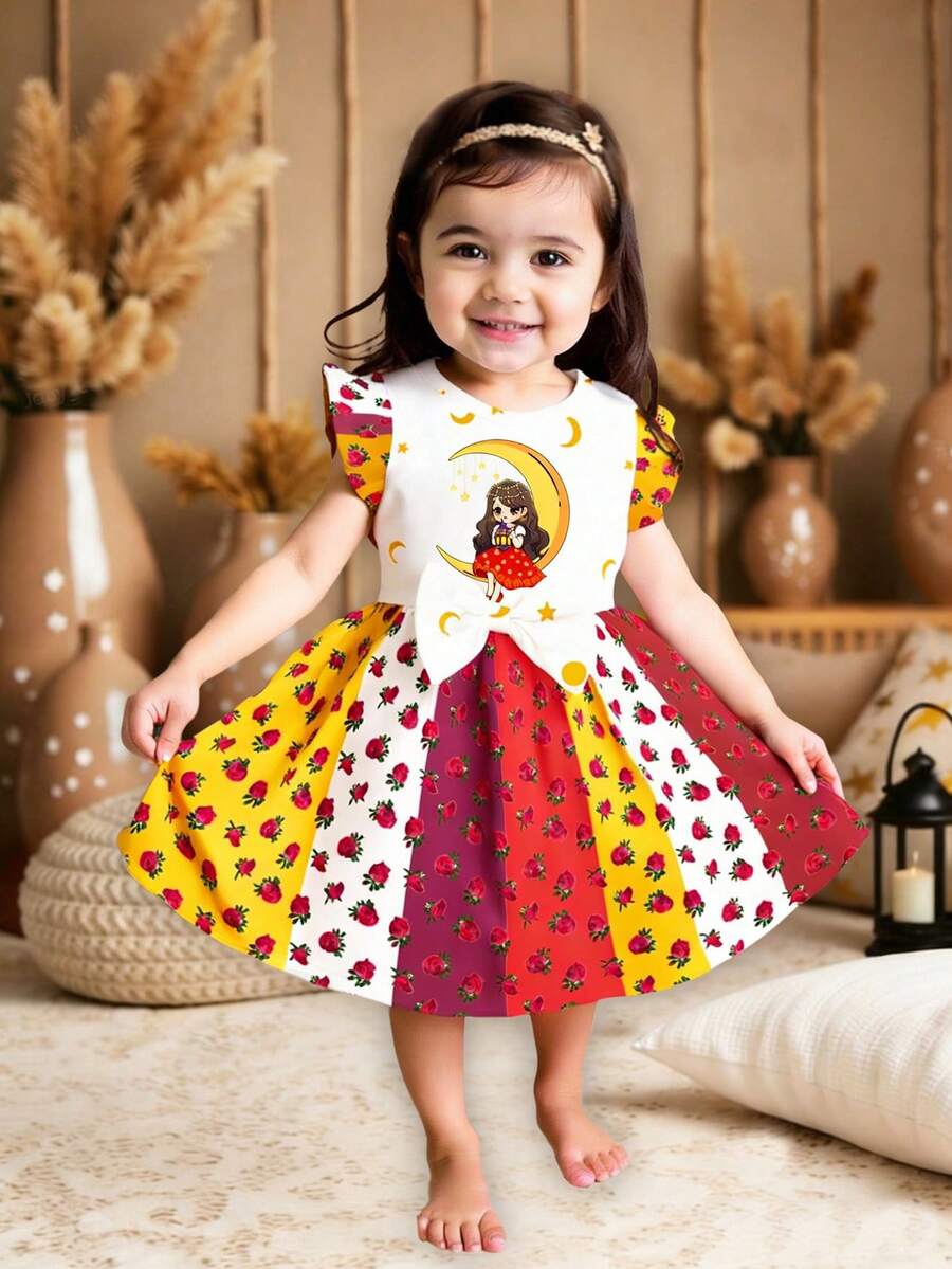 Baby Girl Cute & Elegant Cartoon Girl & Burgundy Rose Floral Dress ...