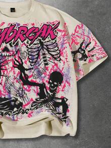 ROMWE MEN Camiseta Casual de Manga Curta com Gola Redonda, Estampa de ...