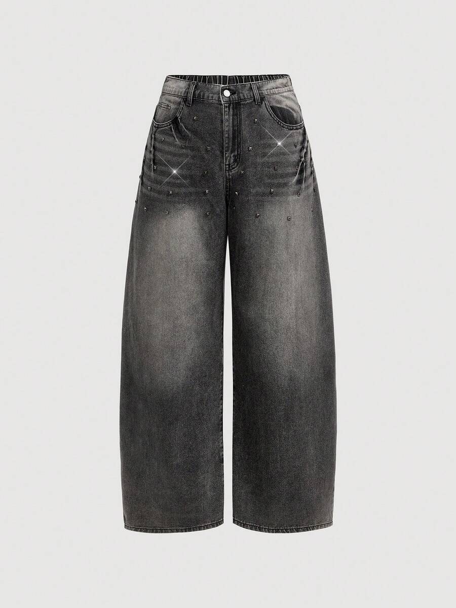 ROMWE Grunge Punk Plus Size Vintage Washed Punk Rivet Design Wide Leg ...