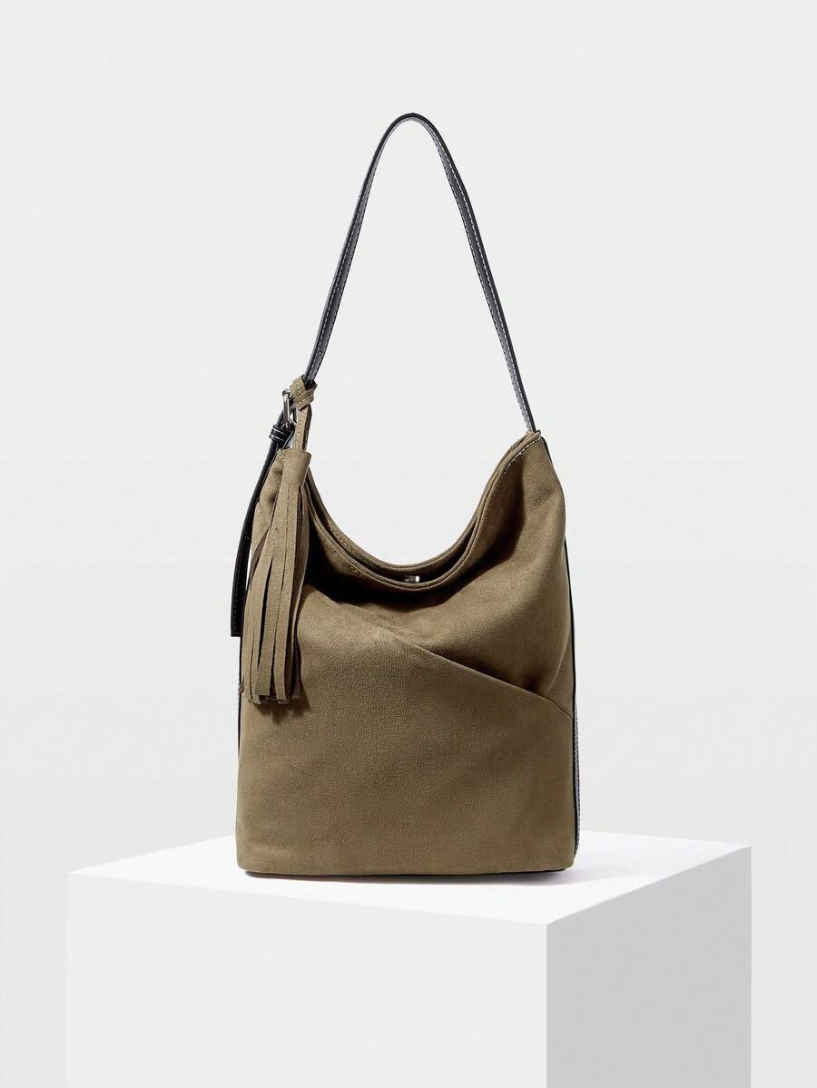MOTF Bolsa Tote Feminina, Bolsa Balde com Franjas, Material de Camurça ...