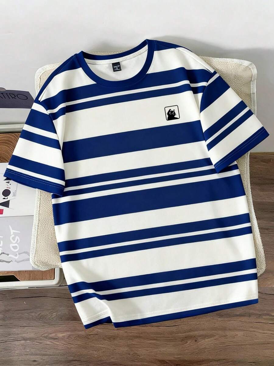 Manfinity Joysei Men's Casual Striped Funny Cat Print Round Neck Short ...