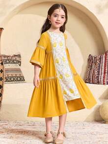 SHEIN Young Girl Ditsy Floral Color Block Round Neck Casual ,Classic ...