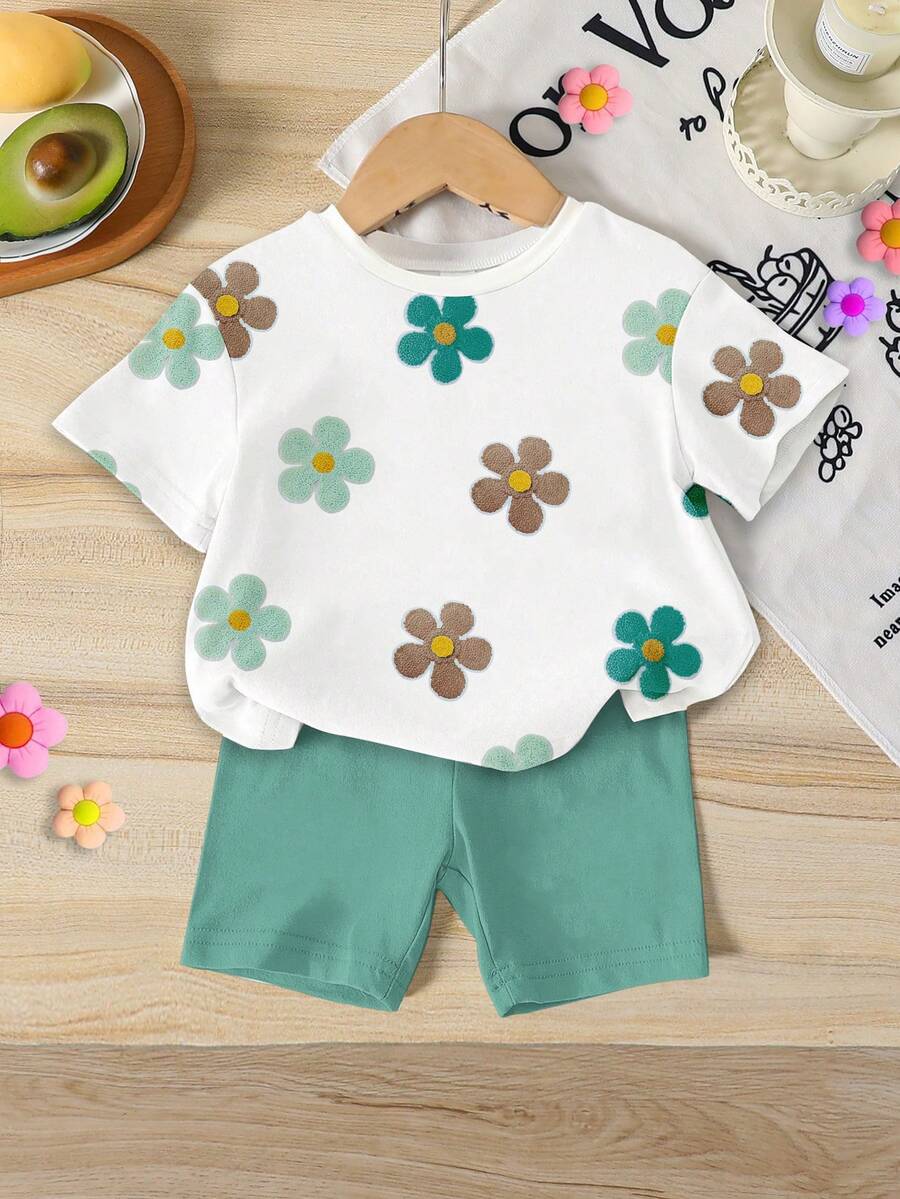 1 Set Baby Girls Casual Floral Print Short Sleeve Round Neck T-Shirt ...