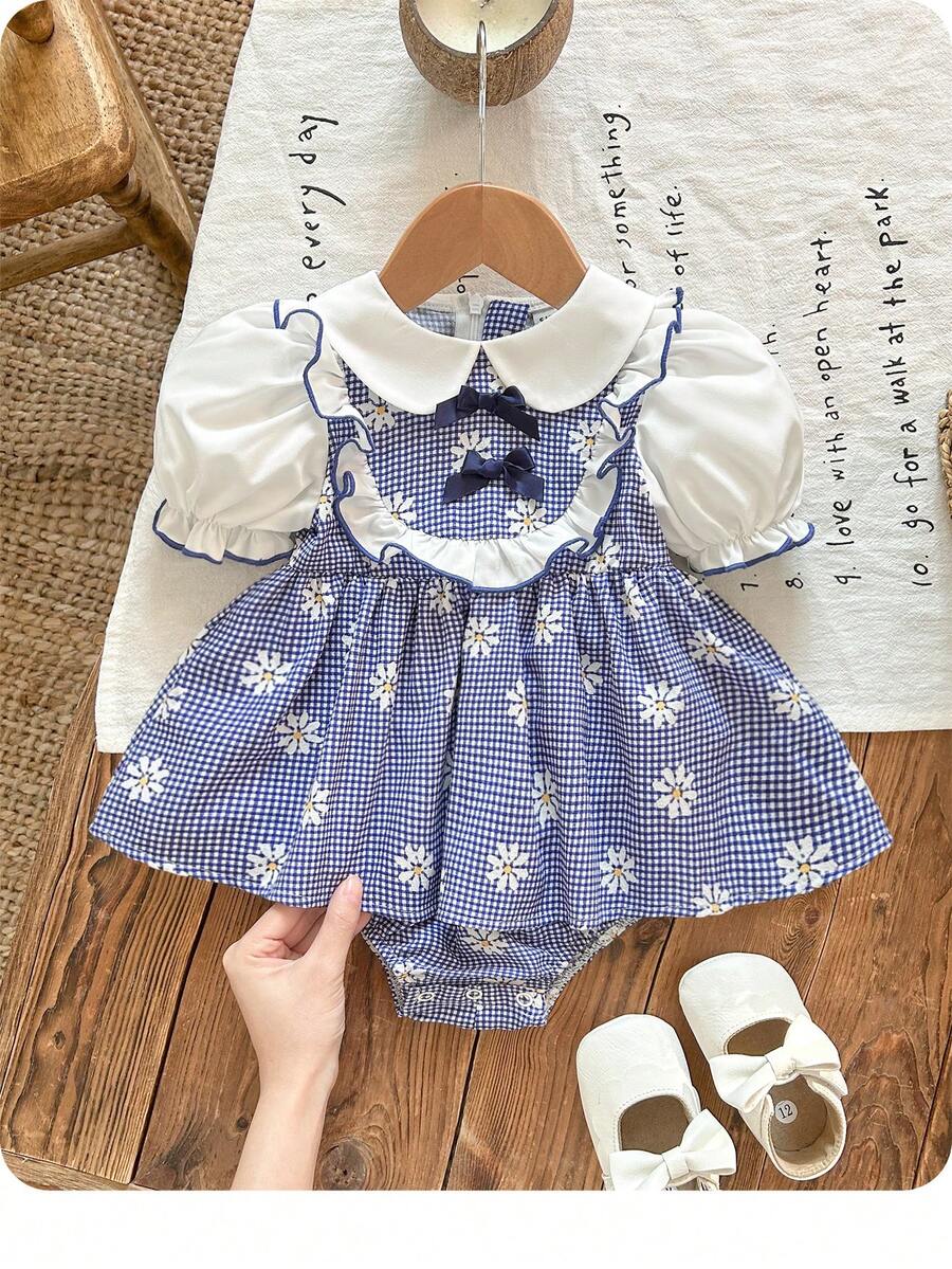 SHEIN Bodysuit infantil feminino com estampa xadrez floral delicada e ...