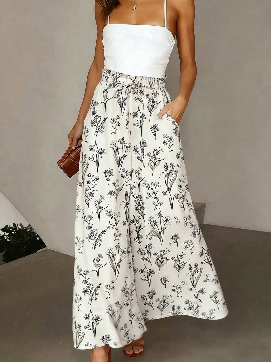 SHEIN Holidaya Apricot Woven Fabric Wide Leg Boho Pants For Women Long ...