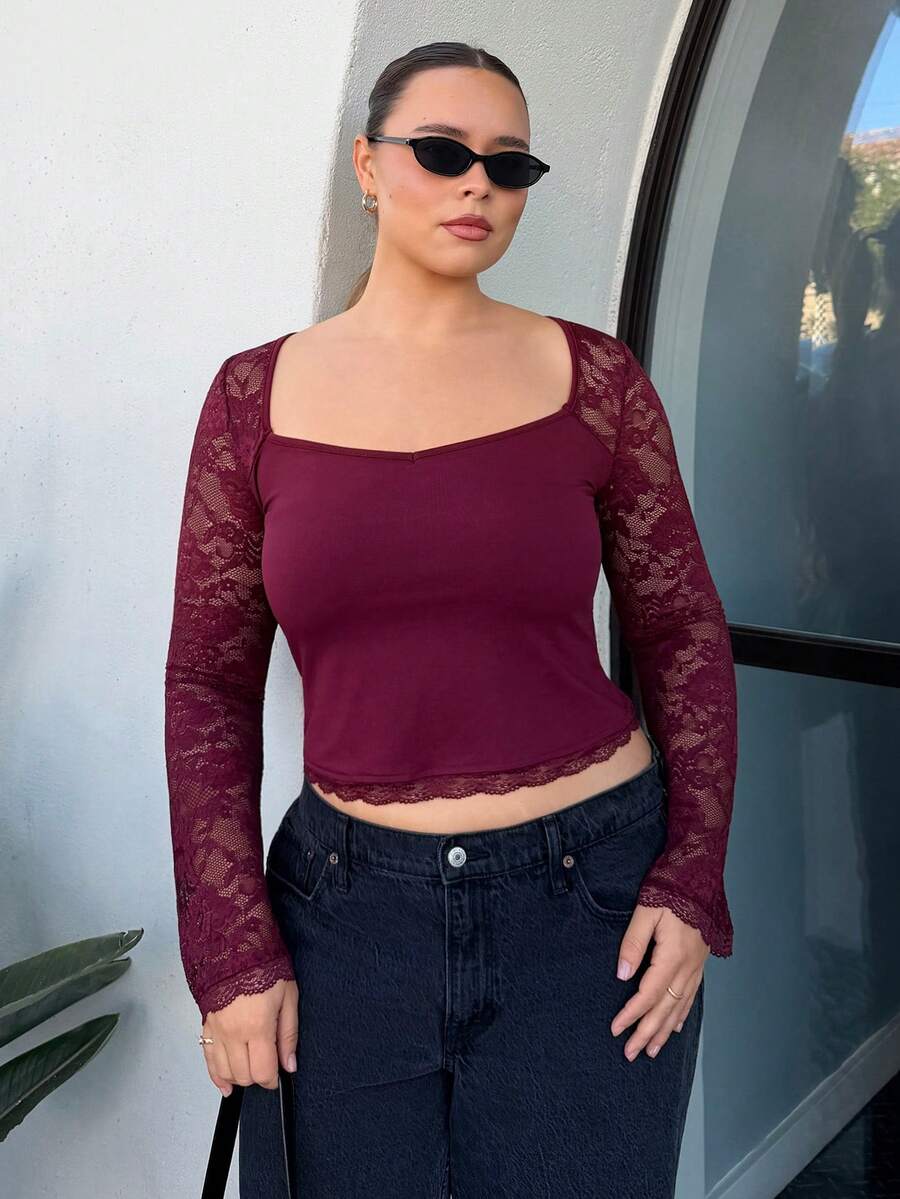 Nezia Cruz Plus Size Women Lace Patchwork Long Sleeve Top for Sale ...