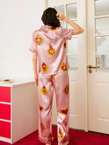 Chillnights Valentine's Day Heart & Rose Print Front-Open Short Sleeve ...