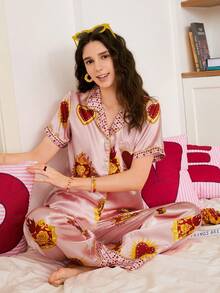 Chillnights Valentine's Day Heart & Rose Print Front-Open Short Sleeve ...