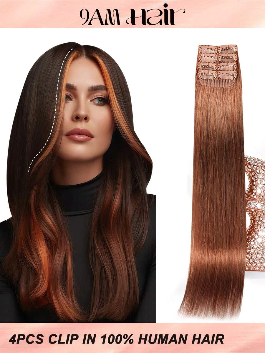 4 PEÇAS com 8 Clipes Extensões de Cabelo Clipe Reto 100% Cabelo Humano ...