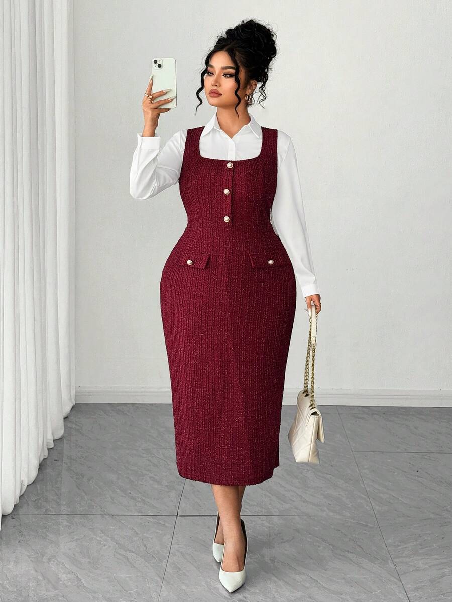 Elenzga Vestido de Tricô Sem Mangas de Tweed Bordô Plus Size, Adequado ...
