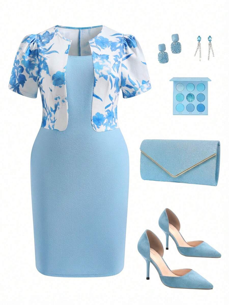 Ellevyn Plus Size Elegant Party Flower Print Patchwork Puff Sleeve ...