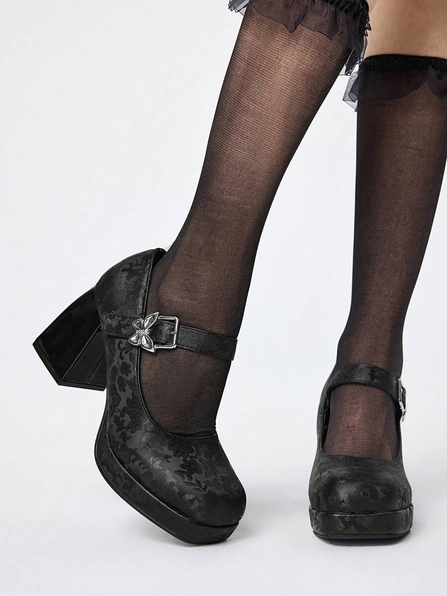 ROMWE Damen Dicksohlige Schnallen Design Modische Alltags Vintage High ...