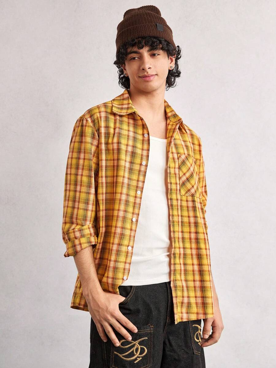 Open Phase American Yellow Checked Shirt, High Street Streetwear Long ...
