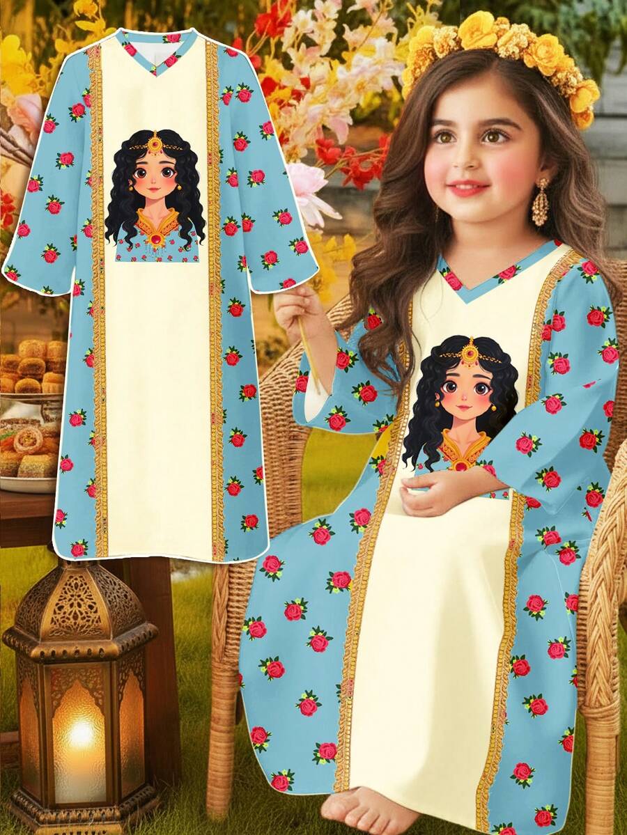 Cream White & Blue, Cute Cartoon Girl Red Rose Print, Contrast Floral ...