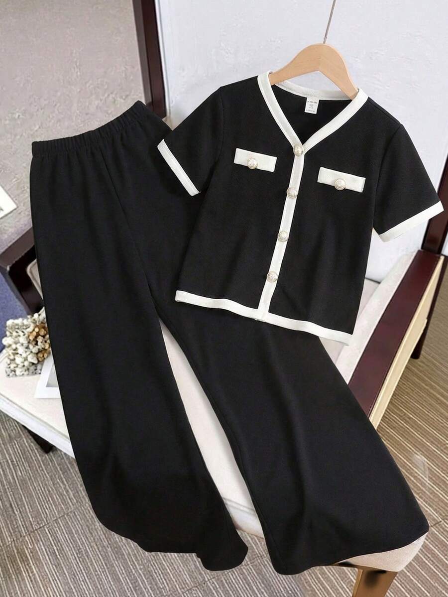 SHEIN 2 Peças Conjunto de Camisa de Manga Curta com Decote em V e Calça ...