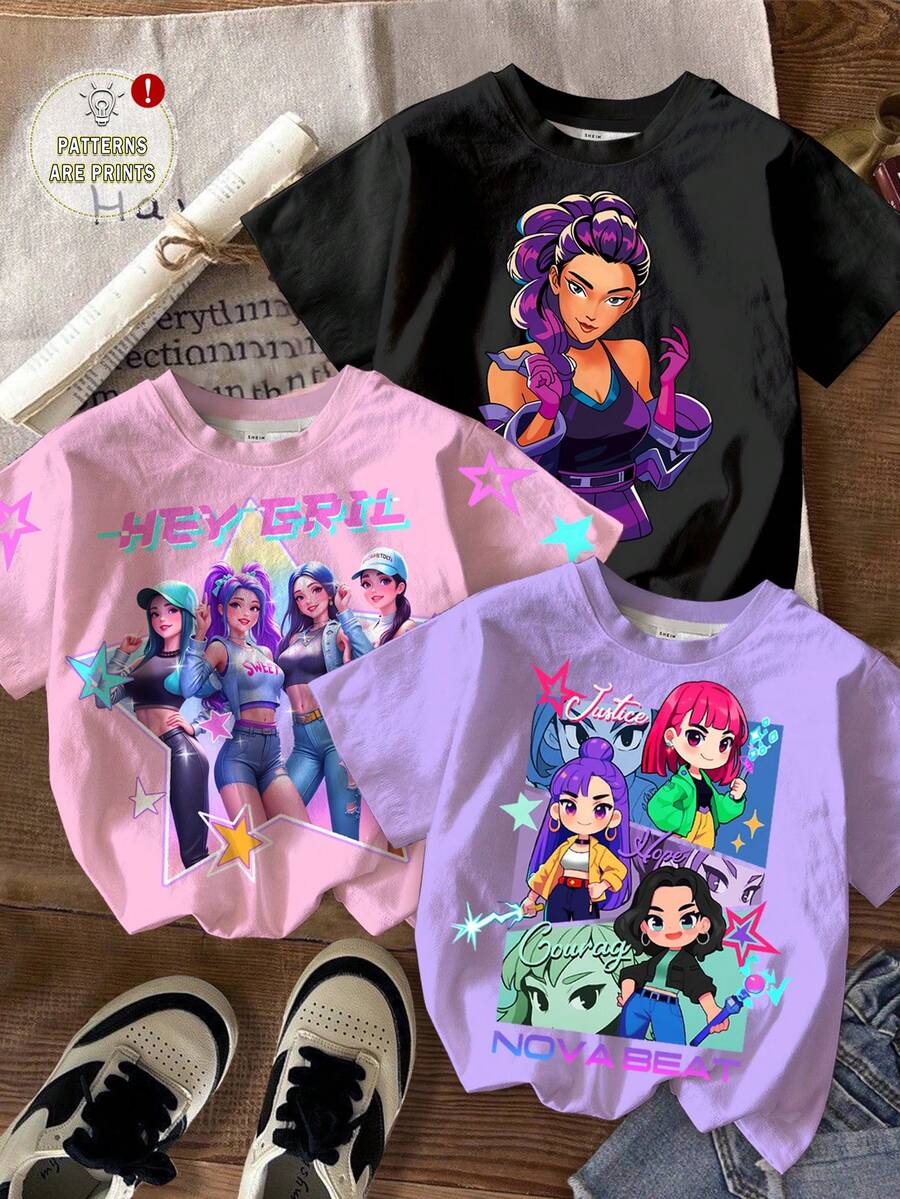 SHEIN 3pcs/Set Young Girl Casual Chic Street Fashion Cute Cartoon Anime ...