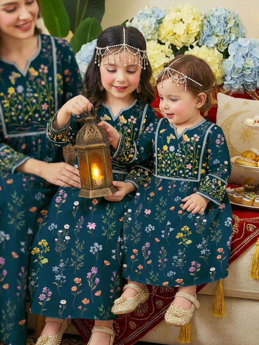 SHEIN Vestido Casual Minimalista Solto de Manga Longa com Decote em V e Estampa Floral para ...