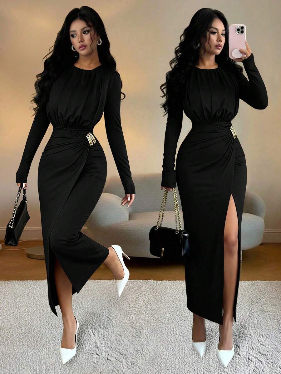 SHEIN Elenzya Women Black Knitted Elegant Waist Cinched Metallic Decor ...