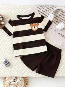 SHEIN Playful Pals 2pcs Baby Boy Outfit Cute Bear & Striped All-Over ...