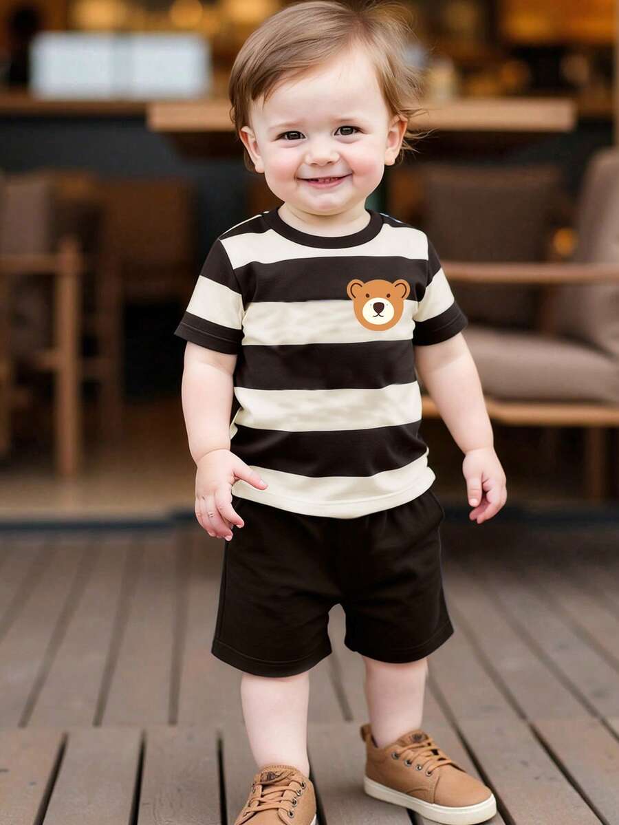 SHEIN Playful Pals 2pcs Baby Boy Outfit Cute Bear & Striped All-Over ...