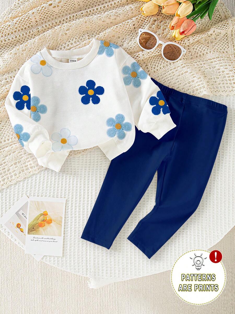 SHEIN Playful Pals 2pcs Baby Girls Casual Floral Print Crew Neck ...