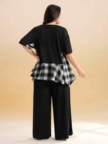 Momelise Plus Size Casual Patchwork Top + Simple Loose Pants 2 Pieces ...