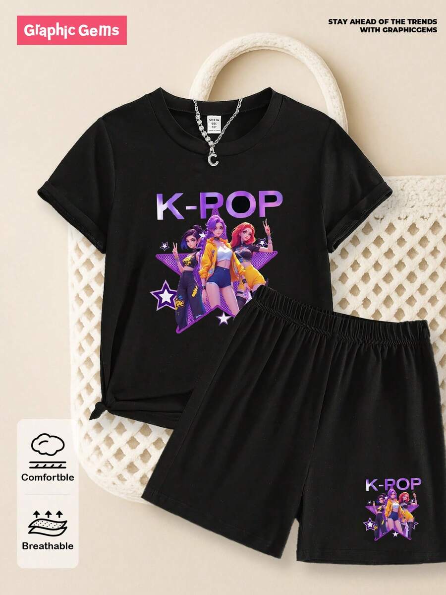 SHEIN GraphicGems 2pcs/Set Summer & Autumn Casual Fashion Girl K-POP ...