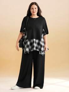 Momelise Plus Size Casual Patchwork Top + Simple Loose Pants 2 Pieces ...