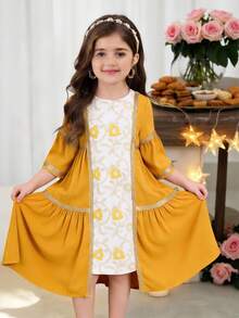 SHEIN Young Girl Ditsy Floral Color Block Round Neck Casual ,Classic ...