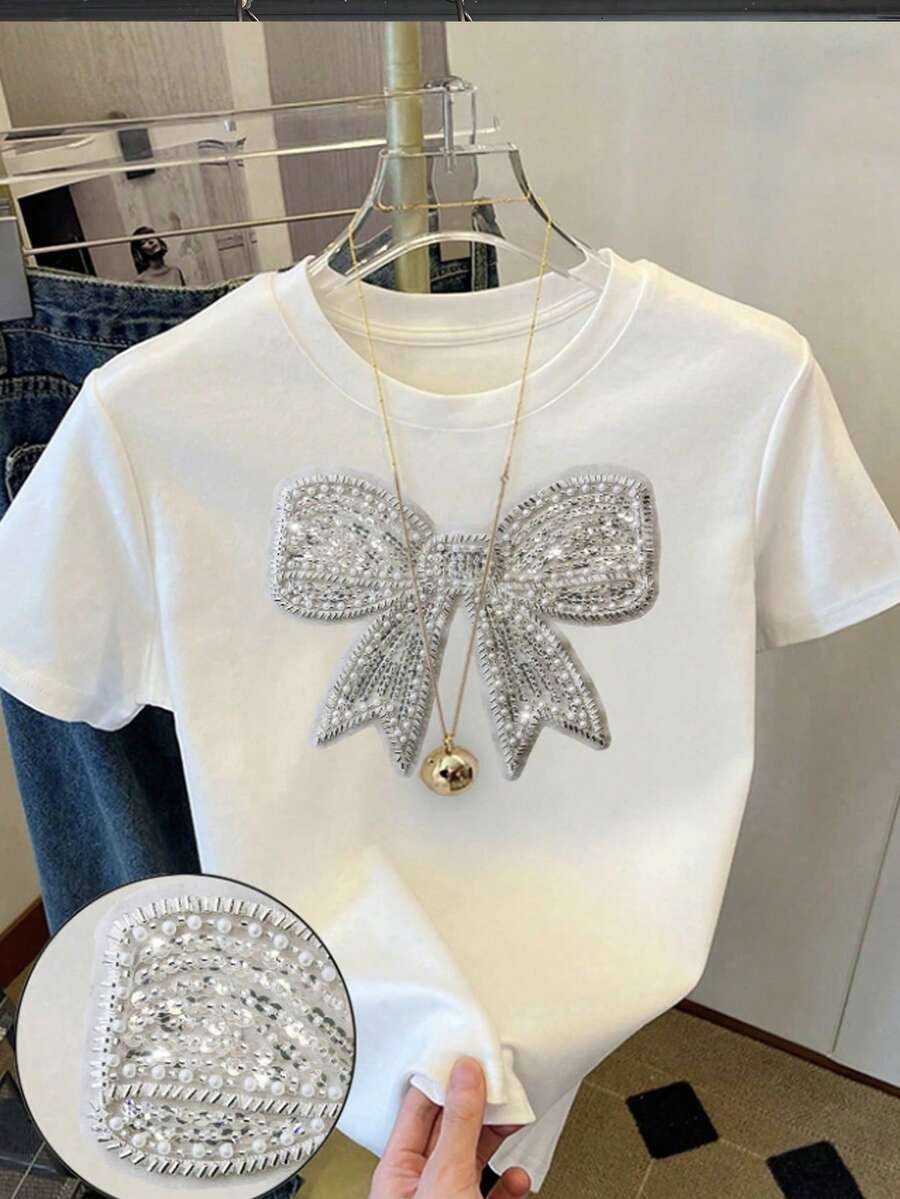 Teen Girls White Solid Color Casual T-Shirt With Rhinestone Bow Decor ...