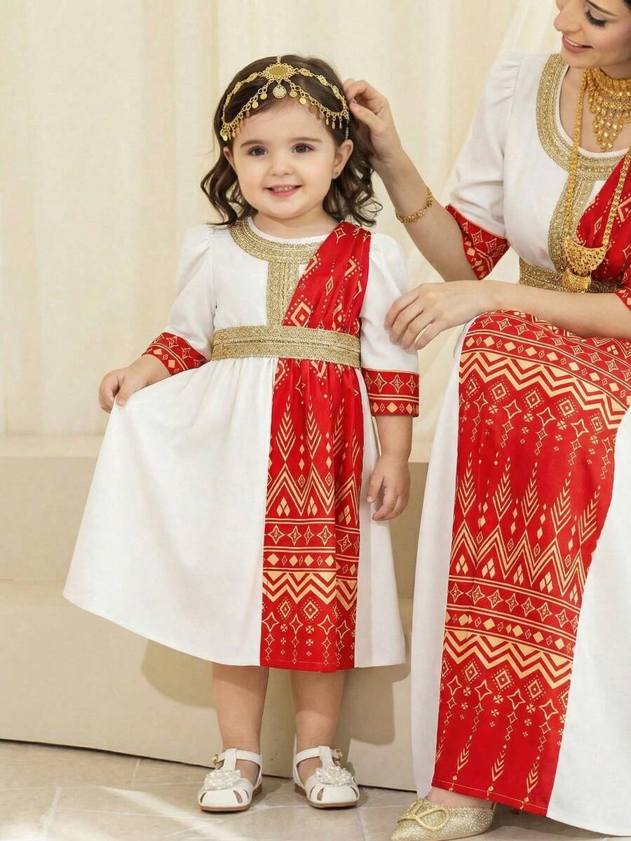 SHEIN Babygirl elegantes und süßes Palast-Stil Blume Muster Farbblock ...