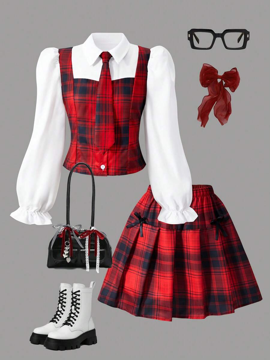 Sparklyn Girls' Plaid Collared Splice Preppy Style Cardigan With Puff ...