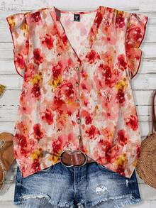 EMERY ROSE Women's V-Neck Button Cap Sleeve Floral Casual Blouse ...