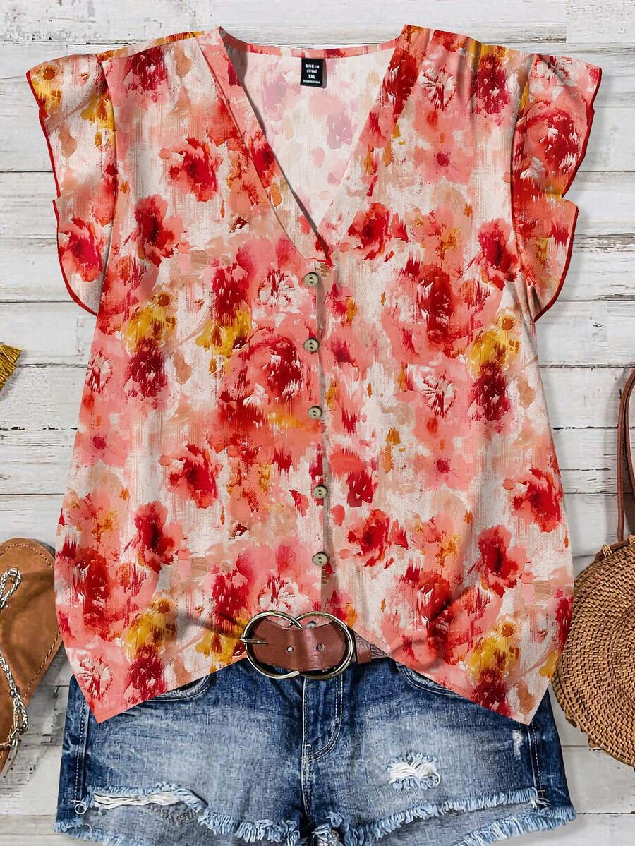 EMERY ROSE Women's V-Neck Button Cap Sleeve Floral Casual Blouse ...